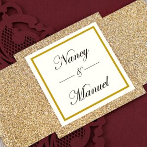 DORIS HOME 50PCS Laser Cut Wedding Invitations with Envelopes and RSVP Cards BLANK Inner With Gold Glitter Belly Band for Wedding Engagement Bridal Shower Party Invite 4.7x7 Inch Burgundy