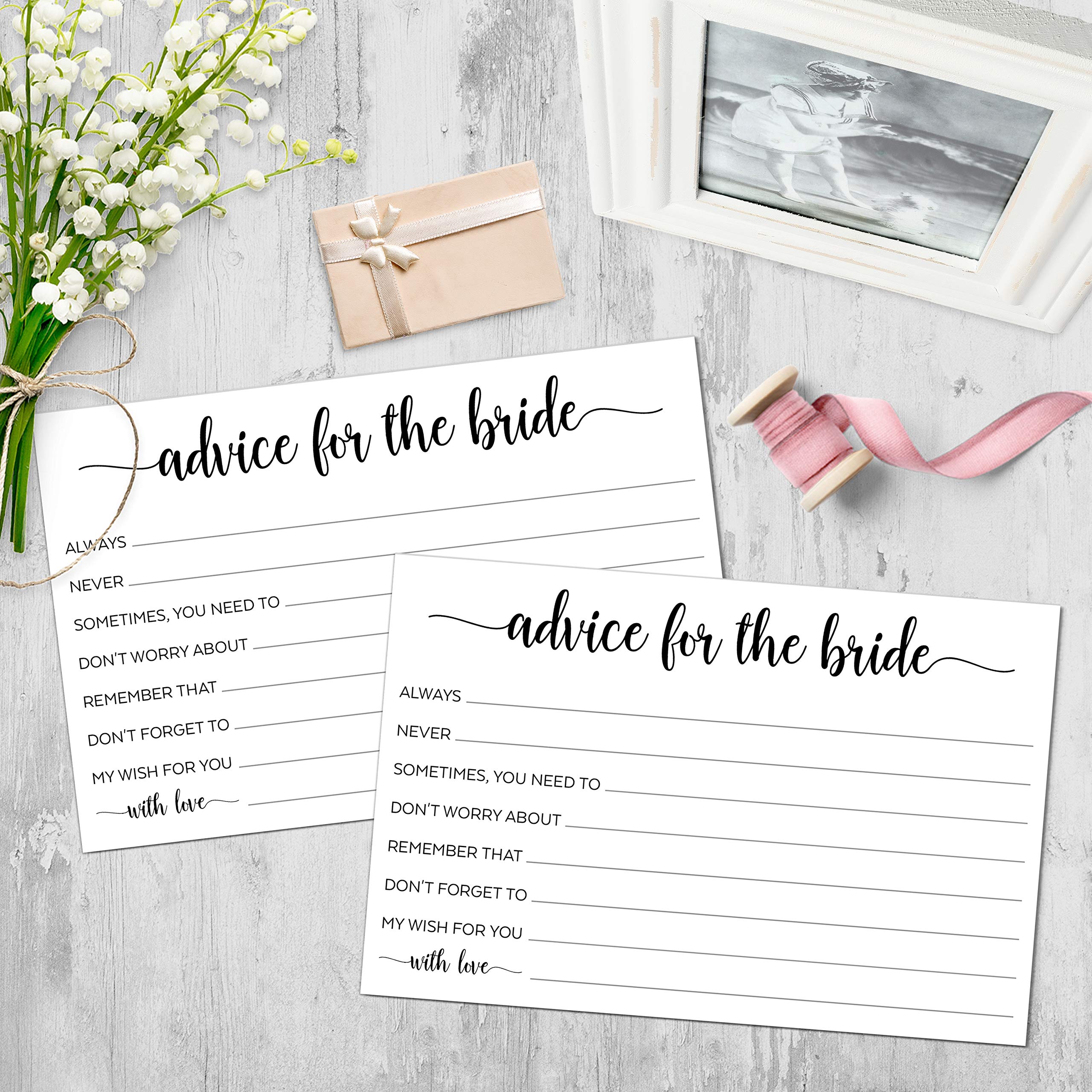 321Done Advice for the Bride, Made in USA - 4x6 White, Fun Bridal Shower Game, Keepsake, Guestbook Alternative, Thick Luxury Card Stock with Modern Stylish Calligraphy Script Design - 50 Cards