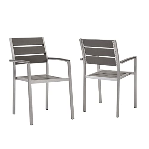 Modway Shore Outdoor Patio Aluminum Dining Armchair Set of 2 in Silver Gray