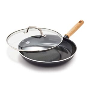 greenpan hudson healthy ceramic nonstick, 11" frying pan skillet with lid, vintage wood inspired handle, pfas-free, dishwasher safe, black