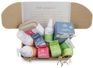 earth mama's mama & baby gift set | breastfeeding & postpartum essentials, skin care gifts for mom & newborn, baby lotion & wash, baby oil, sunscreen, balms, nipple butter, tea and booby tubes, 10 pcs