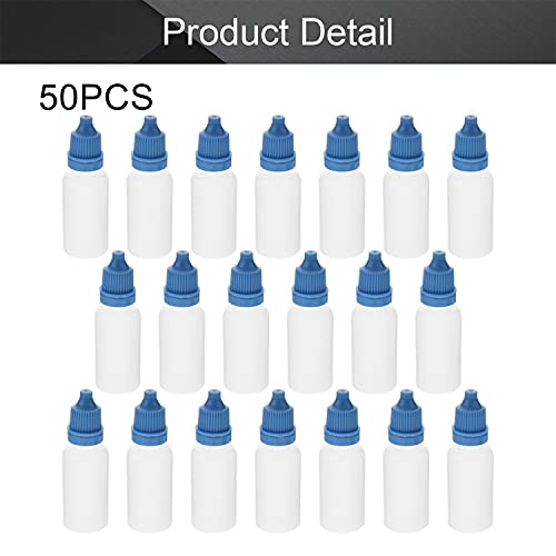 Othmro 0.5oz PE Lab Eye Plastic Dropper Bottles 50pcs, 15ml Squeezable Eye Liquid Dropper Thin Mouth Via of Liquid Sample Seal Storage Bottle with Childproof Blue Cap