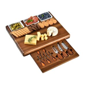 shanik upgraded acacia wood charcuterie board set with 3 removable ceramic bowls and serving utensils - ideal for hosting elegant parties and entertaining guest (without engraving)