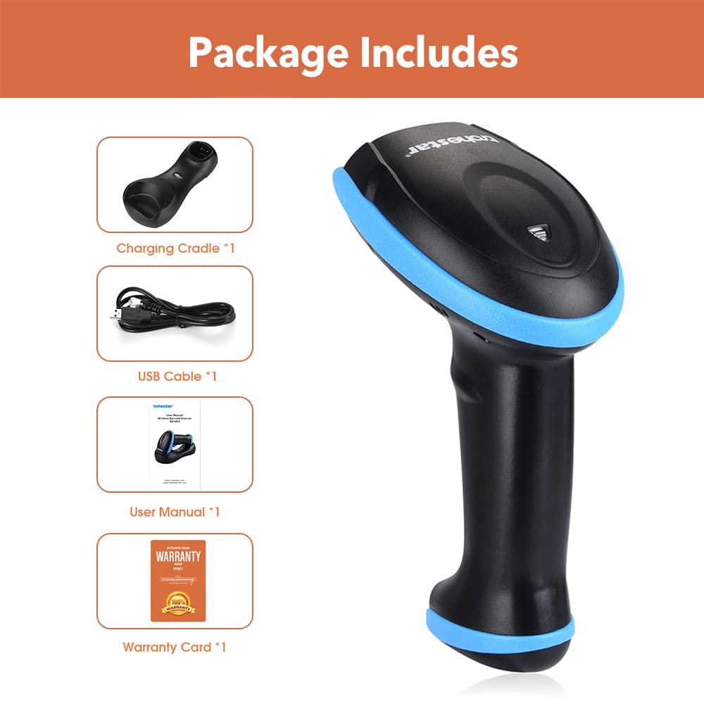 Trohestar Bluetooth Barcode Scanner with USB Cradle, Compatible with Bluetooth Function & 2.4GHz Wireless & Wired Connection Portable 1D Bar Code Reader Scanner for Windows, Mac, Android, iOS