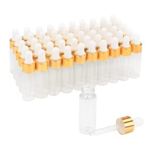 empty transparent glass bottles containers vials holder,5ml essential oil glass dropper bottle makeup sample storage containers with gold head glass dropper &white dropper cap&2pcs straws,50pcs