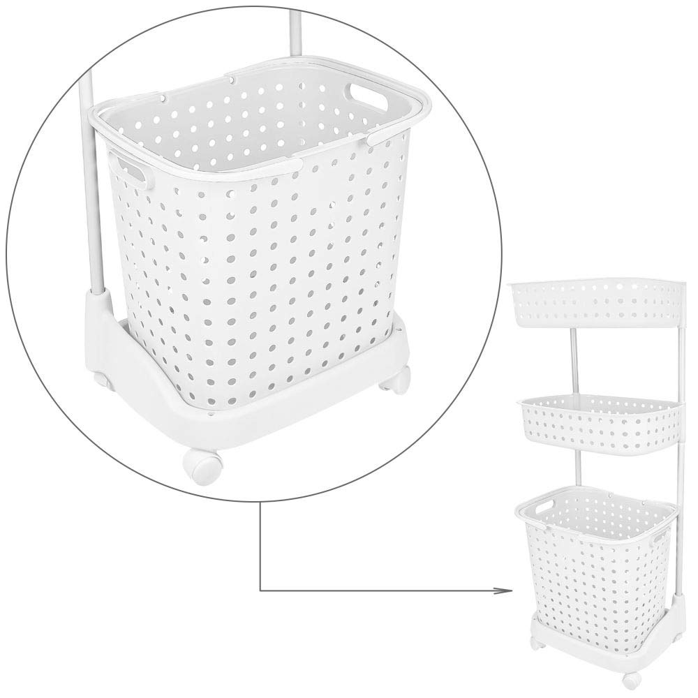 3 Tier Rolling Laundry Basket W Shelves Storage Organizer for Clothes Detergent Great for Bathroom Kitchen Laundry Room White