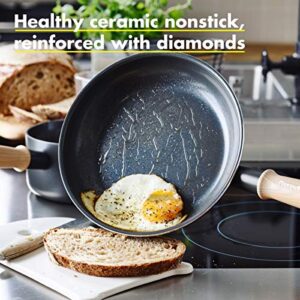 GreenPan Hudson Healthy Ceramic Nonstick, 11" Frying Pan Skillet with Lid, Vintage Wood Inspired Handle, PFAS-Free, Dishwasher Safe, Black