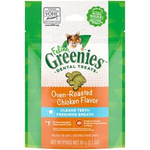 greenies feline adult natural dental care cat treats, over roasted chicken flavor, 2.1oz. pouch