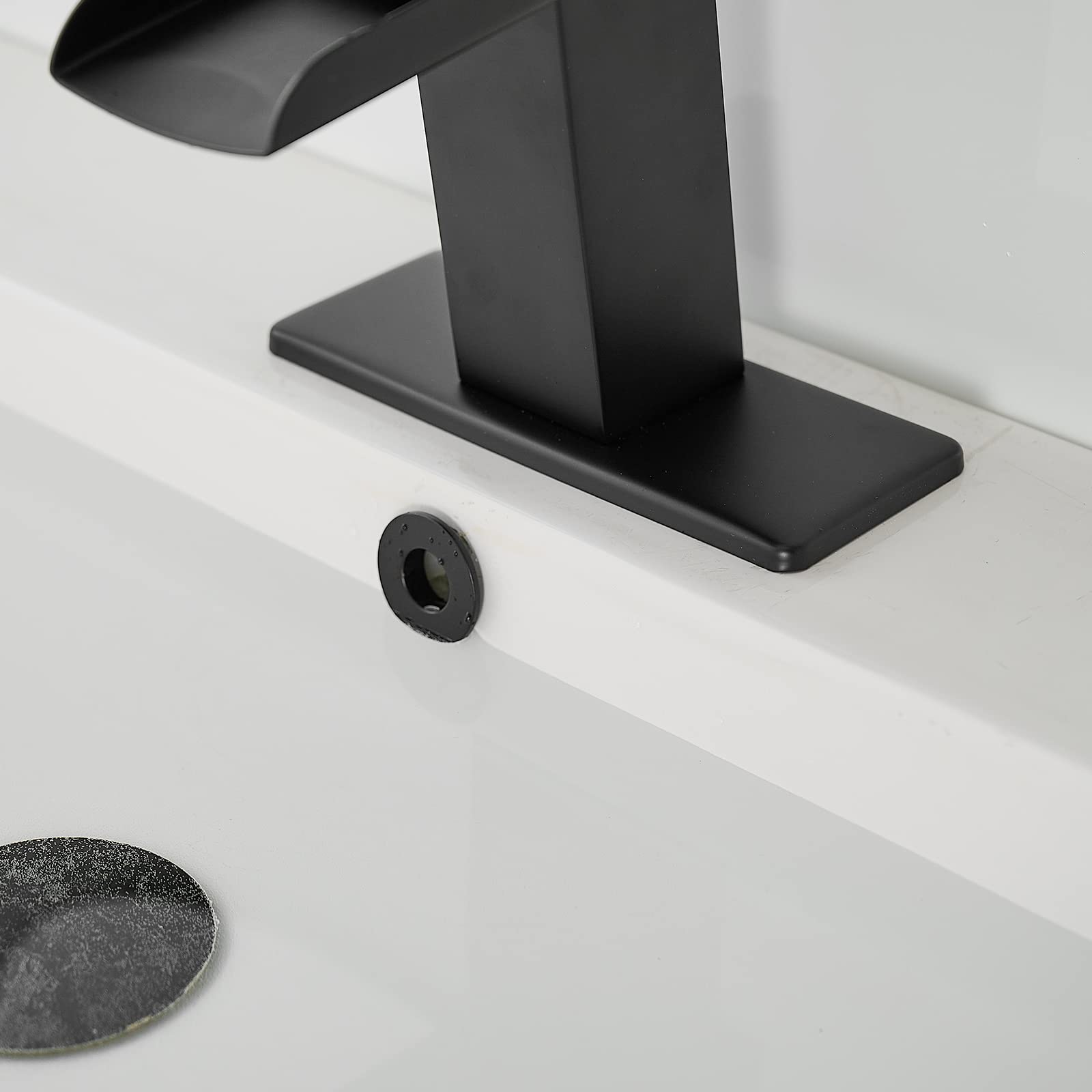 BWE Black Bathroom Faucet Waterfall Matte with Pop Up Drain Stopper Overflow Assembly and Supply Hose Bath Single Hole Handle Modern Bathroom Sink Faucet Lavatory Mixer Tap