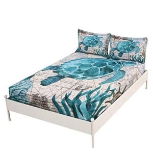 sdiii 3pcs sea turtle queen sheet set, 100% microfiber, 1 fitted sheet + 2 pillowcase, hawaiian bedding sheet queen, cute sheets queen for girls boys women and men