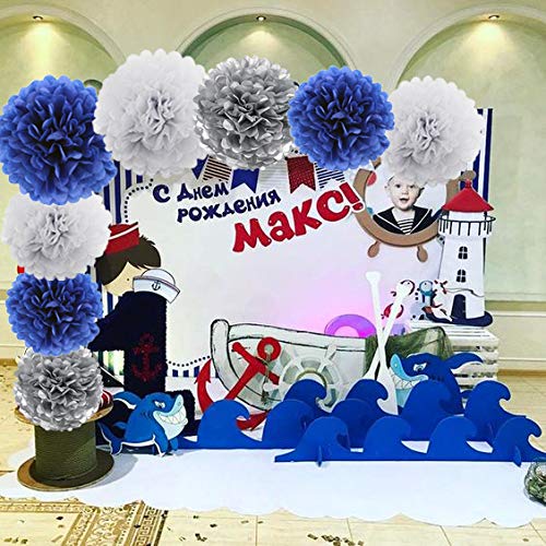 HEARTFEEL 12pcs 10 inch 8inch Navy Blue Silver White Outdoor Decoration Tissue Paper Pom Poms Party Balls Wedding Christmas Xmas Decoration Party Girl Decorations Graduation Bachelorette Celebrate