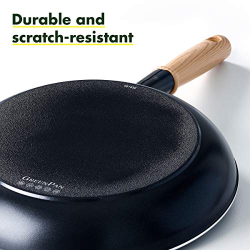 GreenPan Hudson Healthy Ceramic Nonstick, 11" Frying Pan Skillet with Lid, Vintage Wood Inspired Handle, PFAS-Free, Dishwasher Safe, Black