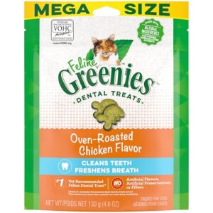 greenies feline adult natural dental care cat treats, oven roasted chicken flavor, 4.6 oz. pouch