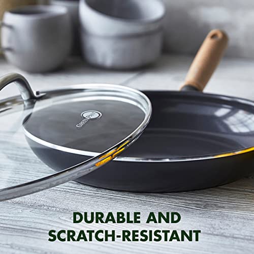 GreenPan Hudson Healthy Ceramic Nonstick, 11" Frying Pan Skillet with Lid, Vintage Wood Inspired Handle, PFAS-Free, Dishwasher Safe, Black