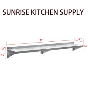 SUNRISE Commercial 430 Stainless Steel Kitchen Wall Shelf, NSF Certificated, Wall Mounted, Solid Shelving for Restaurants, Bars & Hotels (14" x 72")