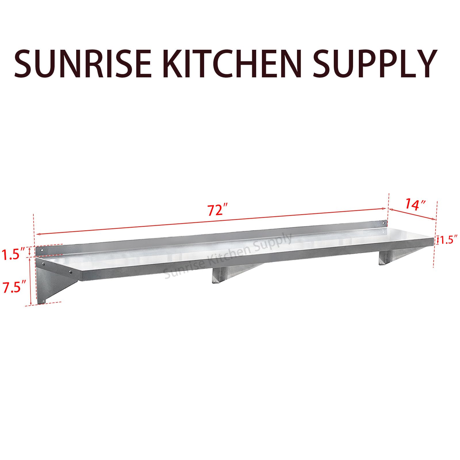 SUNRISE Commercial 430 Stainless Steel Kitchen Wall Shelf, NSF Certificated, Wall Mounted, Solid Shelving for Restaurants, Bars & Hotels (14" x 72")