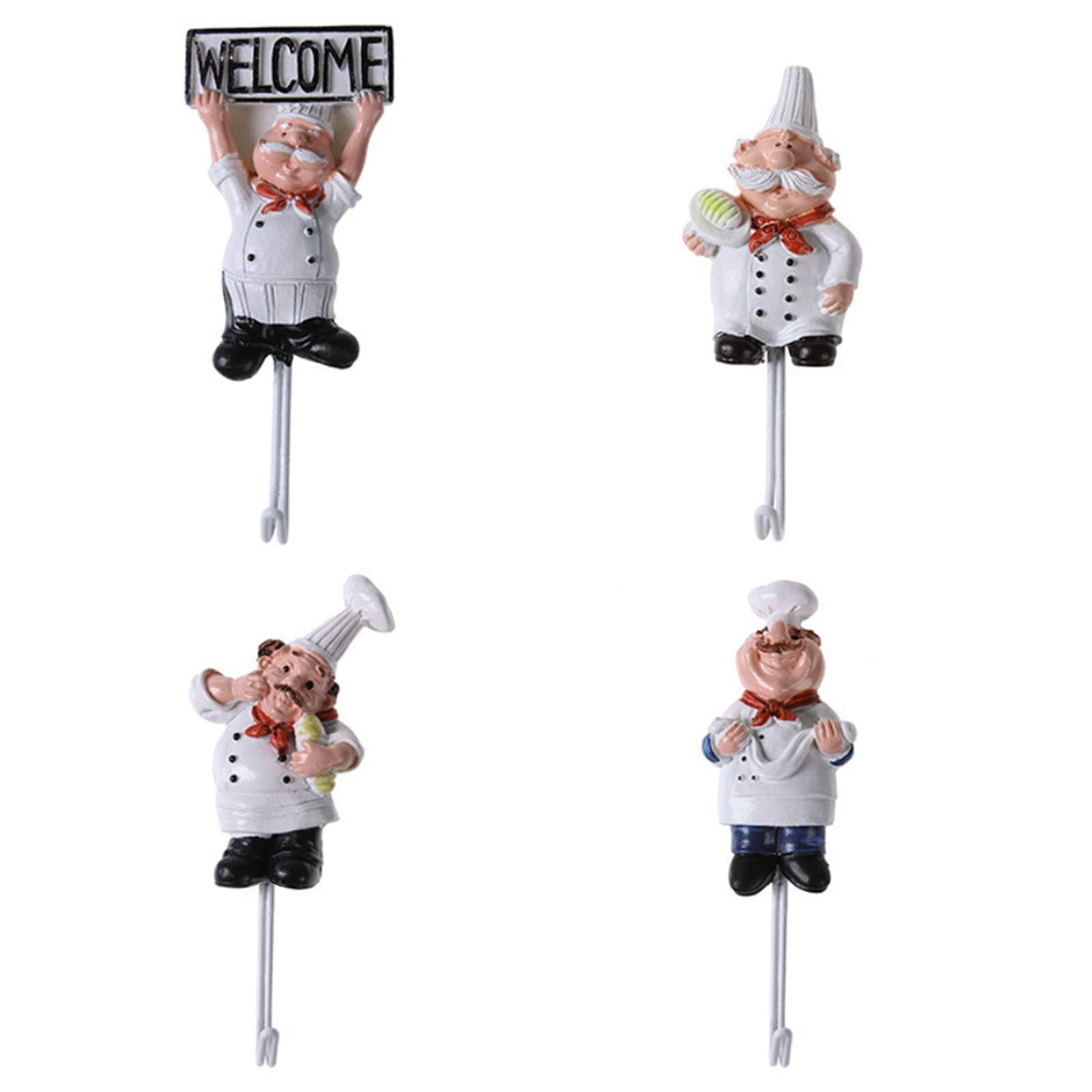 TA BEST Pack of 4 Resin French Chef Figurine Wall Hooks Decorative Cook Wall Mount Rack Hook Hanger(Assorted Style)