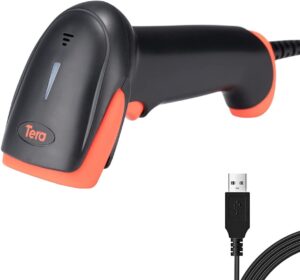 tera barcode scanner 1d laser usb wired plug and play handheld fast and precise scan bar code reader for supermarket library small businesses retail store logistic warehouse 3106-2 orange