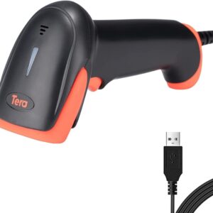 Tera Barcode Scanner 1D Laser USB Wired Plug and Play Handheld Fast and Precise Scan Bar Code Reader for Supermarket Library Small Businesses Retail Store Logistic Warehouse 3106-2 Orange