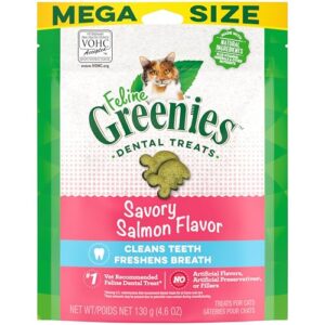 feline greenies adult natural dental care cat treats, savory salmon flavor, 4.6 oz. pouch