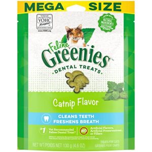 greenies feline adult natural dental care cat treats, catnip flavor, 4.6 oz. pouch