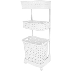 3 tier rolling laundry basket w shelves storage organizer for clothes detergent great for bathroom kitchen laundry room white