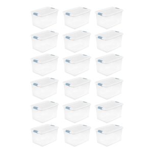 sterilite 18-pack stackable storage bin with lid, clear plastic design, 64 quart