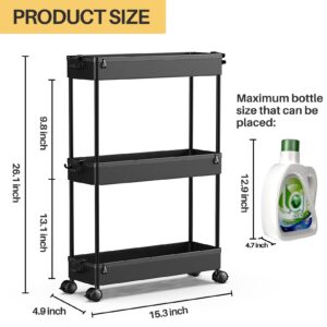 SPACEKEEPER Slim Rolling Storage Cart, 3 Tier Bathroom Storage Organizer Laundry Room Utility Cart Mobile Shelving Unit, Multi-Purpose for Kitchen Office Bathroom Laundry Narrow Places, Black