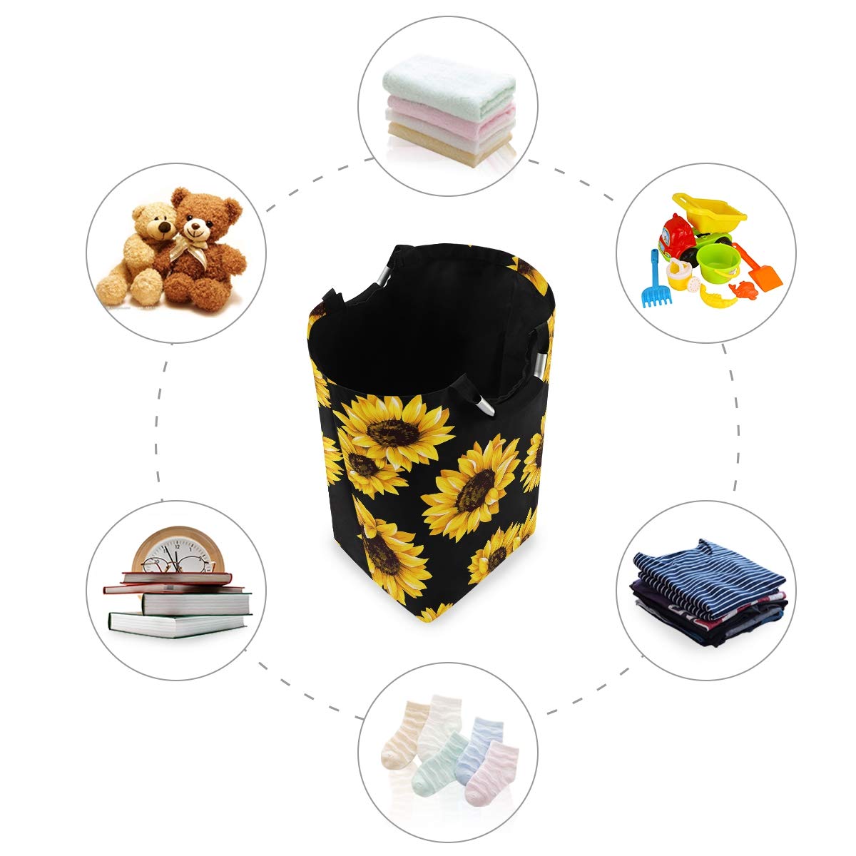 Baofu Sunflower Laundry Hamper Large Dirty Foldable Clothes Bags Waterproof Durable Lightweight Oxford Round Collapsible Storage Basket Organization with Handles for Home Bathroom Bedroom