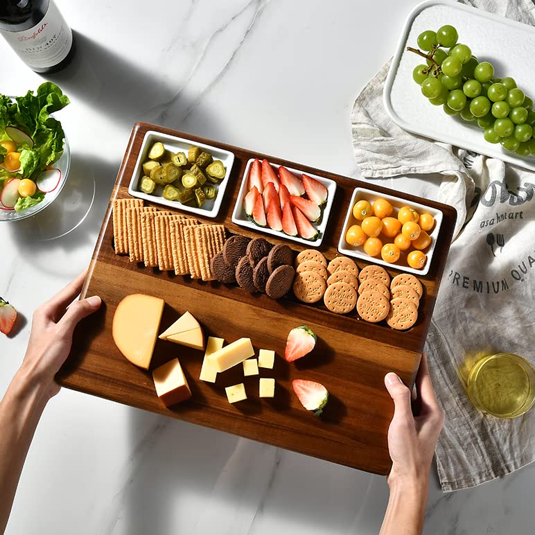 Shanik Upgraded Acacia Wood Charcuterie Board Set with 3 Removable Ceramic Bowls and Serving Utensils - Ideal for Hosting Elegant Parties and Entertaining Guest (Without Engraving)