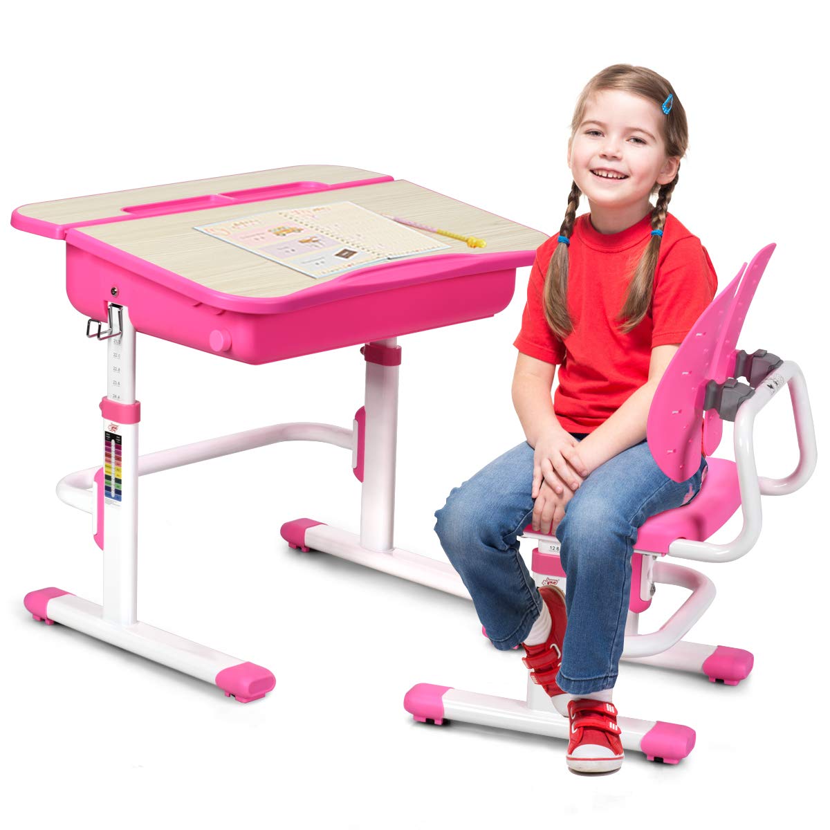 BABY JOY Kids Desk and Chair Set, Height Adjustable, Children's Study Table with Large Storage Space, Ergonomic Winged Backrest Chair, Student School Desk Set Great Gift for Ages 3 to 14 (Pink)