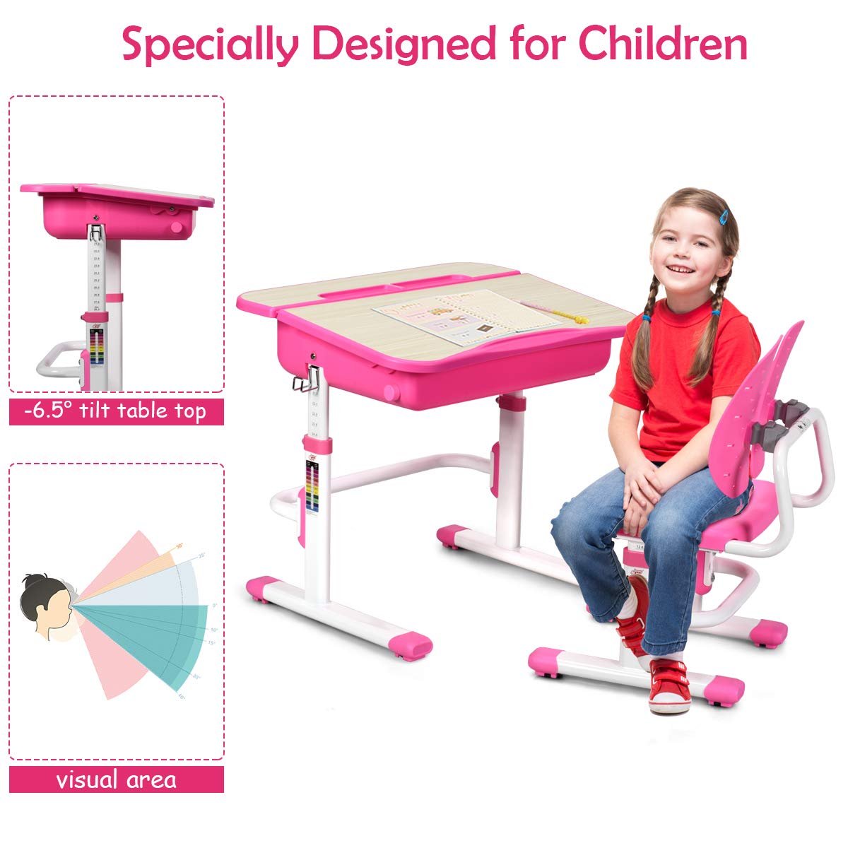 BABY JOY Kids Desk and Chair Set, Height Adjustable, Children's Study Table with Large Storage Space, Ergonomic Winged Backrest Chair, Student School Desk Set Great Gift for Ages 3 to 14 (Pink)