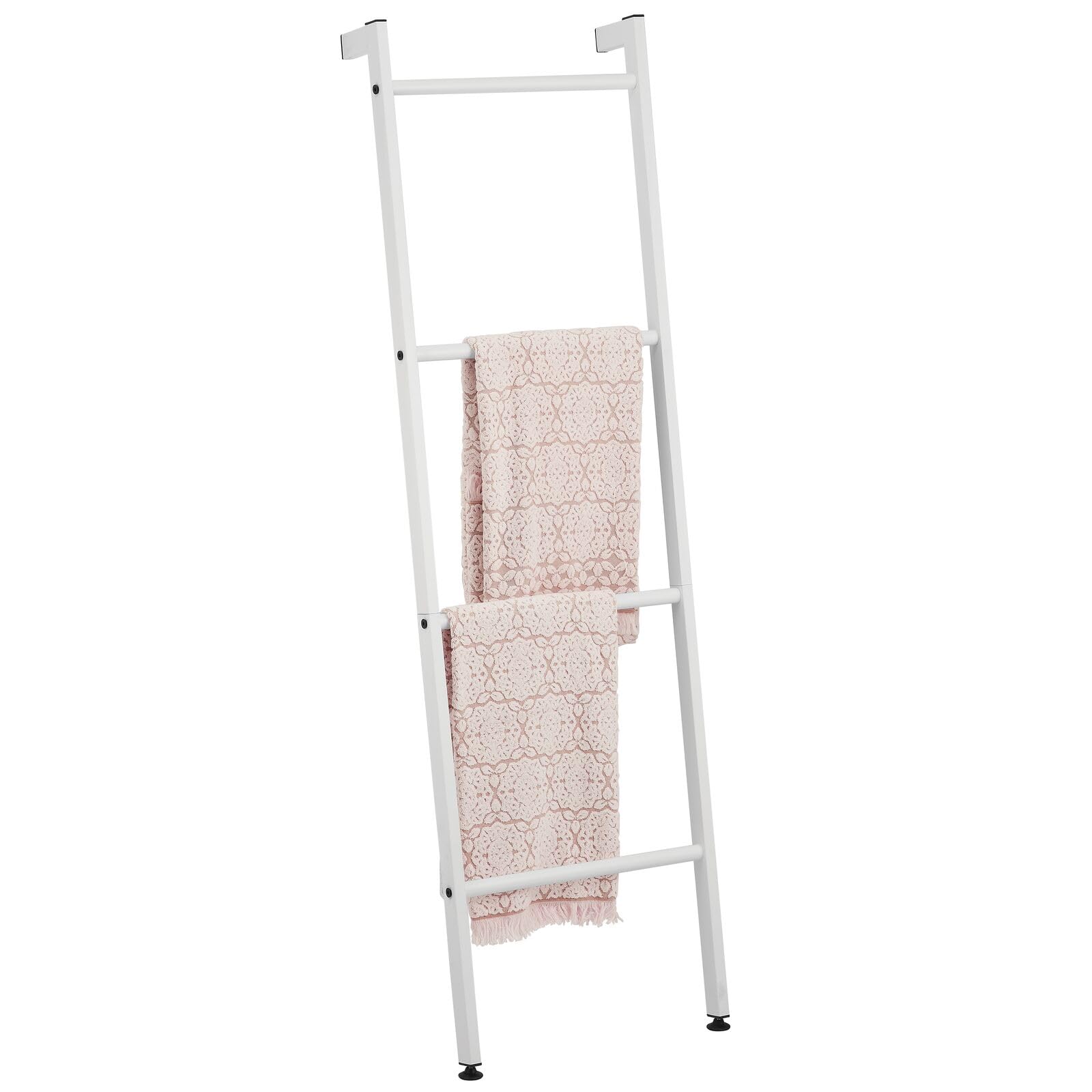 mDesign Metal Leaning Blanket and Towel Ladder - Blanket Ladder for Bedroom and Towel Ladder for Bathroom - Throw/Quilt Display Holder Rack - Nursery Wall Ladder - Blanket Ladder Decor - White