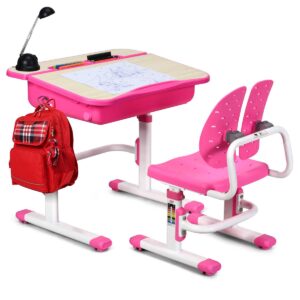 baby joy kids desk and chair set, height adjustable, children's study table with large storage space, ergonomic winged backrest chair, student school desk set great gift for ages 3 to 14 (pink)