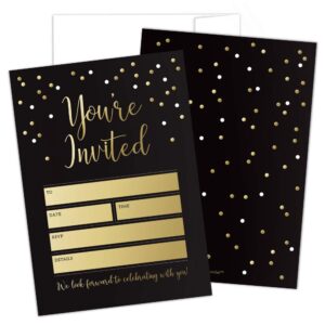 hat acrobat black and gold party invitations with envelopes perfect for anniversary, birthday, rehearsal dinner, bachelorette party, graduation, 25 pack