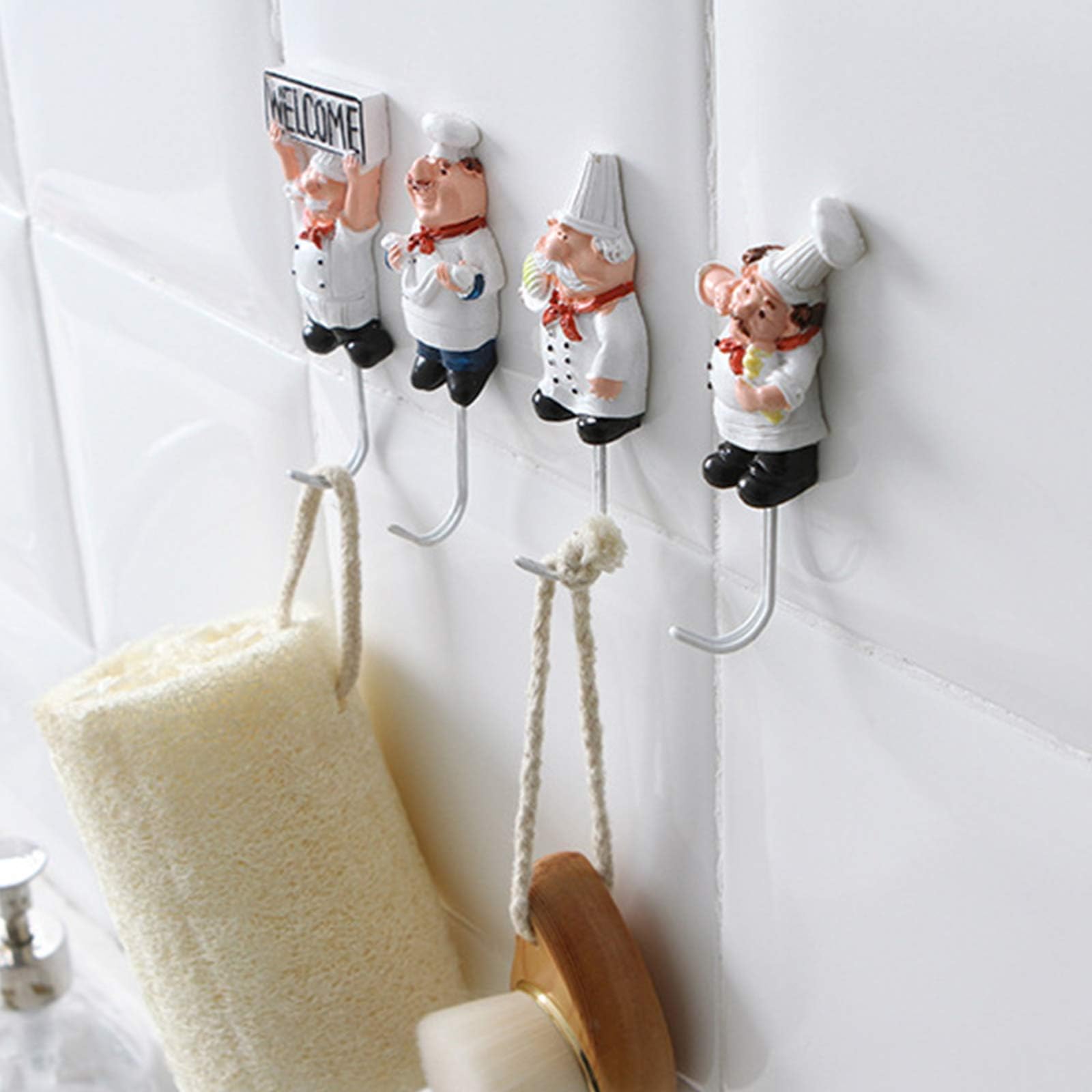 TA BEST Pack of 4 Resin French Chef Figurine Wall Hooks Decorative Cook Wall Mount Rack Hook Hanger(Assorted Style)