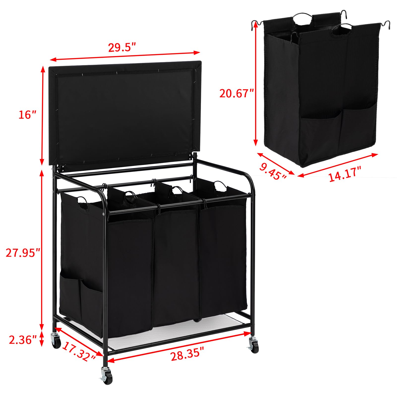 HollyHOME Laundry Basket Sorter with Ironing Board and 4 Wheels,Laundry Hamper with Sturdy Bags for Laundry Room Black