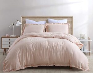 chezmoi collection nora 3-piece ruffled edge trim duvet cover set - hypoallergenic soft washed microfiber comforter cover with button closure and corner ties - king, blush