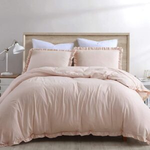 Chezmoi Collection Nora 3-Piece Ruffled Edge Trim Duvet Cover Set - Hypoallergenic Soft Washed Microfiber Comforter Cover with Button Closure and Corner Ties - King, Blush