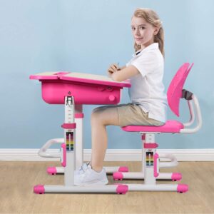 BABY JOY Kids Desk and Chair Set, Height Adjustable, Children's Study Table with Large Storage Space, Ergonomic Winged Backrest Chair, Student School Desk Set Great Gift for Ages 3 to 14 (Pink)