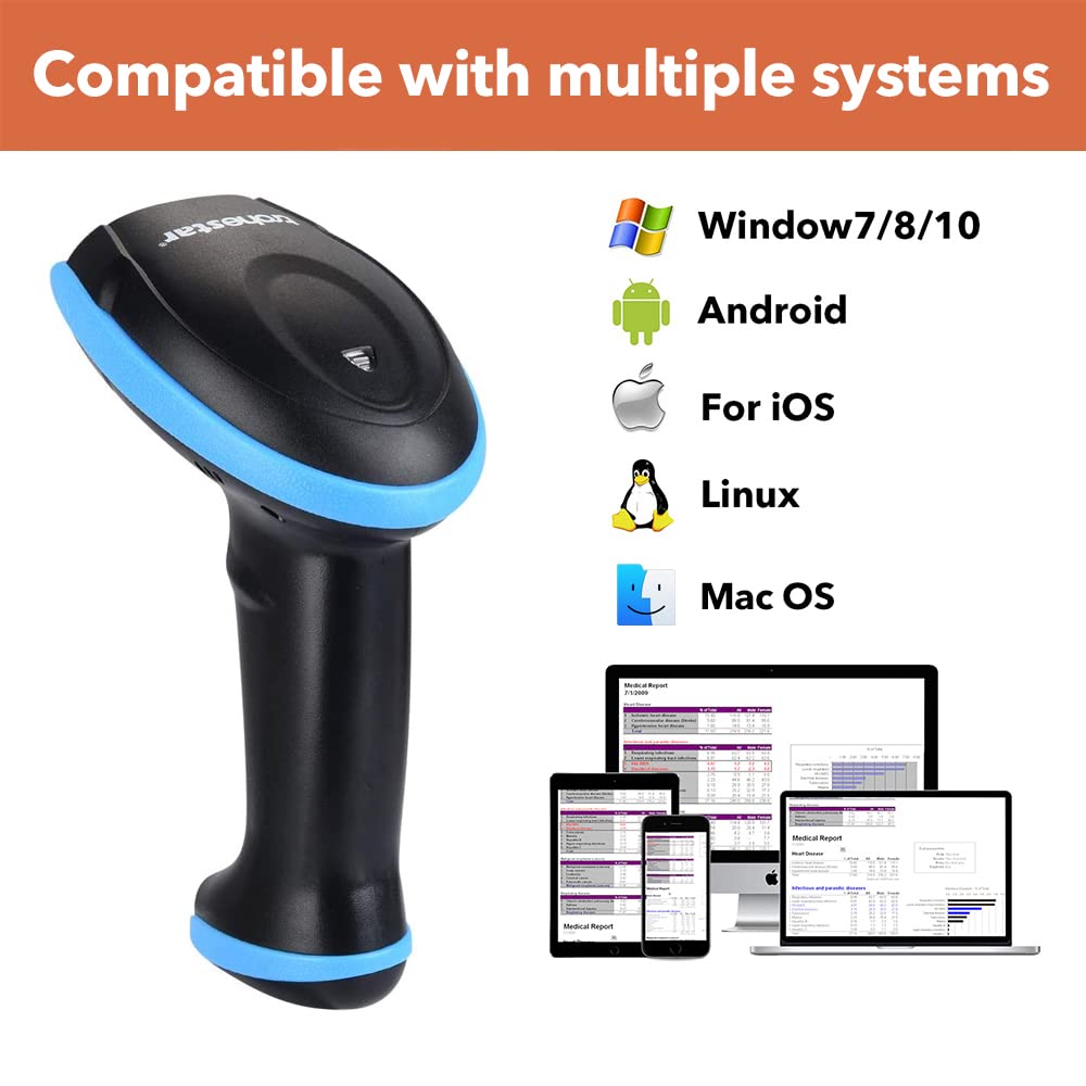 Trohestar Bluetooth Barcode Scanner with USB Cradle, Compatible with Bluetooth Function & 2.4GHz Wireless & Wired Connection Portable 1D Bar Code Reader Scanner for Windows, Mac, Android, iOS