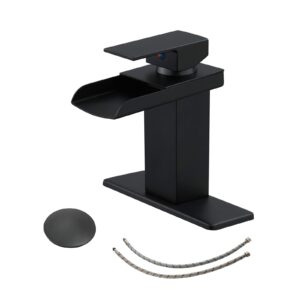 bwe black bathroom faucet waterfall matte with pop up drain stopper overflow assembly and supply hose bath single hole handle modern bathroom sink faucet lavatory mixer tap