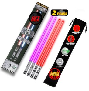 lightsaber chopsticks light up - led glowing light saber chop sticks - reusable sushi lightup sabers chopstick set of 2 pairs - purple & red