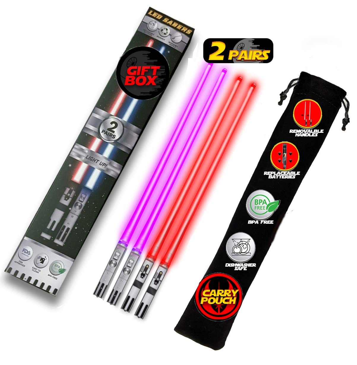 Lightsaber Chopsticks Light Up - LED Glowing Light Saber Chop Sticks - Reusable Sushi Lightup Sabers Chopstick Set Of 2 Pairs - Purple & Red