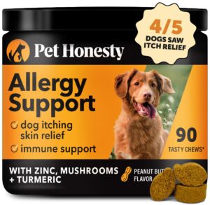 pet honesty allergy itch relief for dogs - dog allergy support immunity supplement - dog allergy chews, probiotics for dogs, seasonal allergies, skin and coat supplement - peanut butter (90ct)