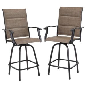 phi villa outdoor swivel bar stools set of 2, high top patio chairs with padded textilene seating, all-weather bar height furniture for kitchen or outside, padded brown textilene