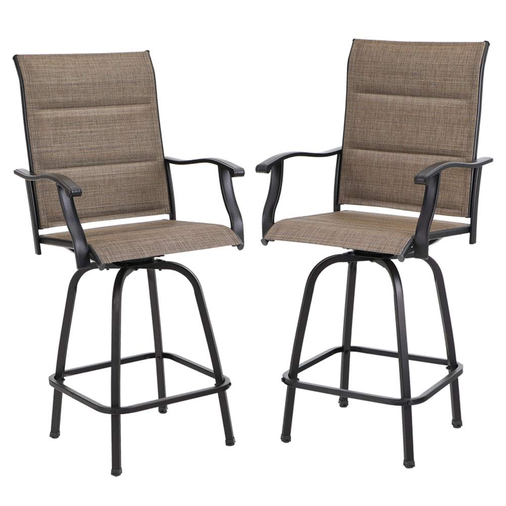 PHI VILLA Outdoor Swivel Bar Stools Set of 2, High Top Patio Chairs with Padded Textilene Seating, All-Weather Bar Height Furniture for Kitchen or Outside, Padded Brown Textilene