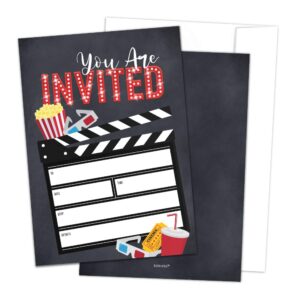 movie party invitations with envelopes by hat acrobat | perfect for movie theme party, hollywood party, red carpet party, movie night, sweet 16, movie birthday party supplies, ideas, 25 pack