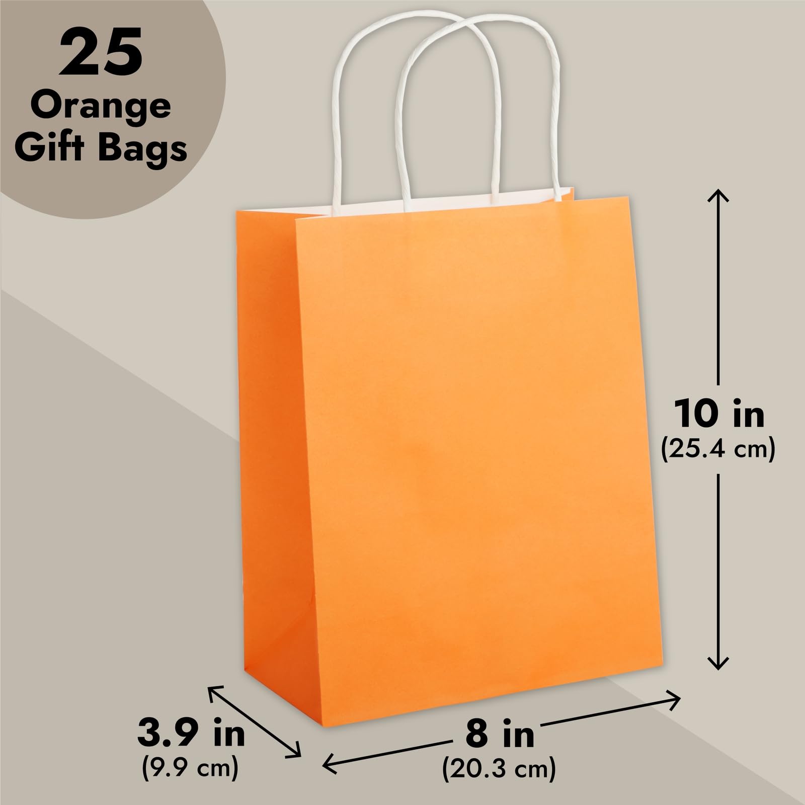 BLUE PANDA 25-Pack Orange Gift Bags with Handles - Medium Size Paper Bags for Birthday, Wedding, Retail (8x3.9x10 In)