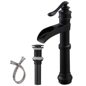 matte black vessel sink faucet waterfall with pop up drain assembly and single-handle hole supply hose lead-free vanity lavatory bathroom faucet mixer tap